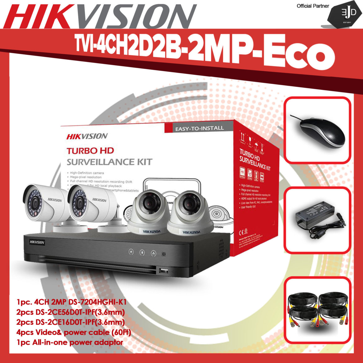 HIKVISION TVI-4CH2D2B-2MP-ECO HDTVI 1080P 4CH COMBO KIT 4CH DVR + 2 ...
